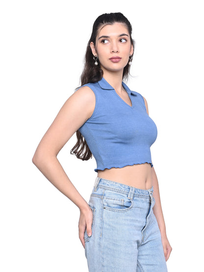 IndusVale Women Solid Ribbed Teal Crop Top - A Gen-Z look
